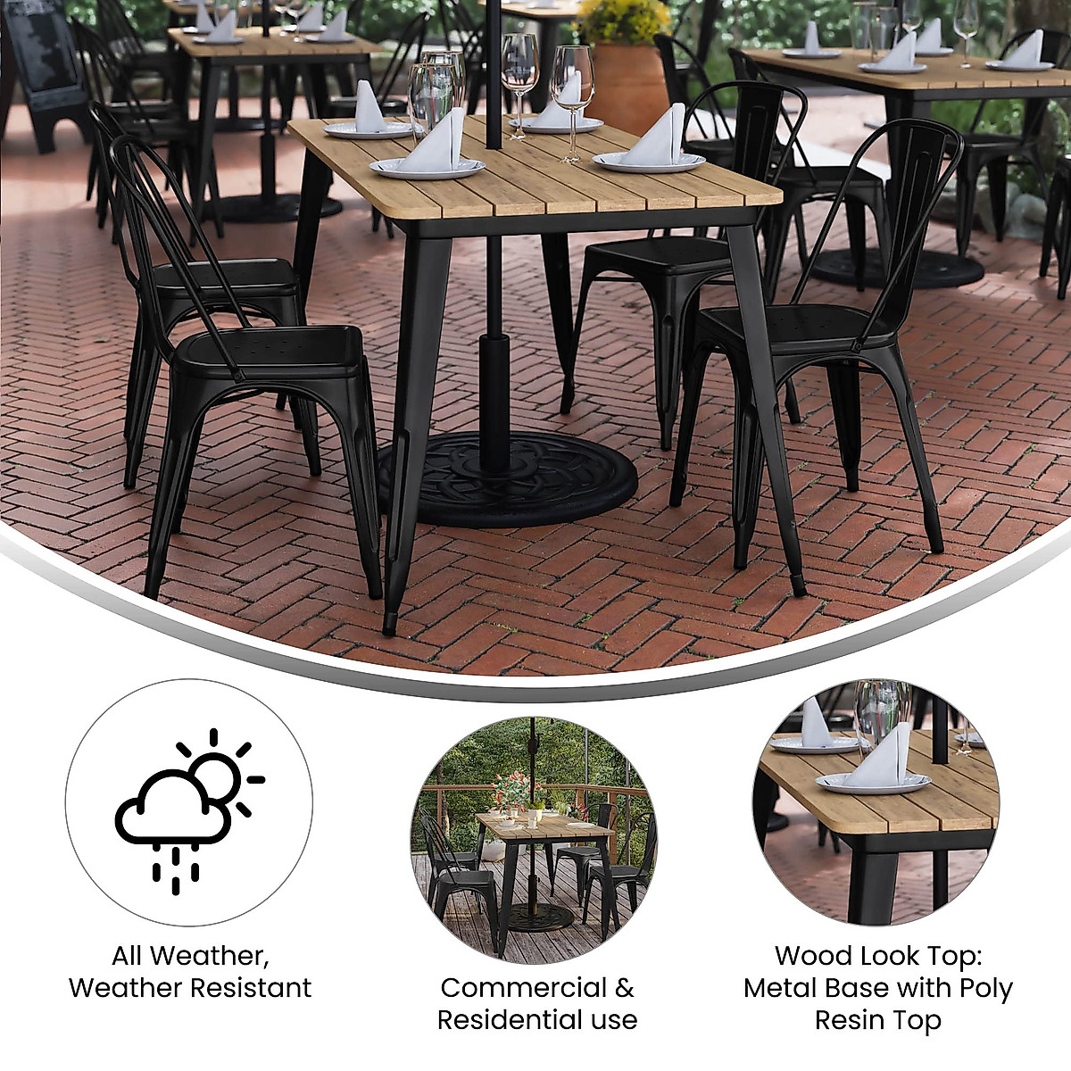 Flash Furniture Declan Commercial Outdoor Dining Table with Umbrella Hole, All Weather Poly Resin Top and Steel Base, 30" x 60", Brown/Black