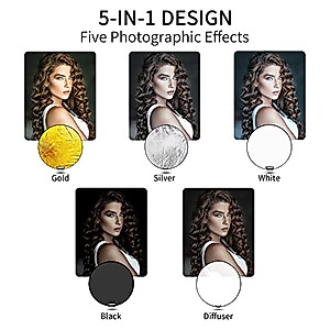 Selens Portable 5-in-1 24 Inch (60cm) Handle Round Reflector Collapsible Multi Disc with Carrying Case for Photography Photo Studio Lighting & Outdoor Lighting, Photography Multi-Disc Photo Reflector