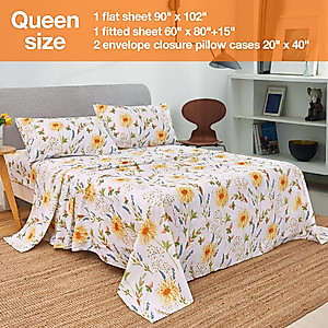 JSD Yellow Floral Printed Sheet Set Queen Size, 4 Piece Soft Botanical Spring Microfiber Bed Sheets Deep Pocket