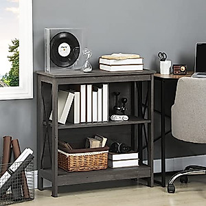 HOMCOM Industrial Style Corner Open Bookshelf with Storage Shelves and Metal X Bar Frame for Living Room, Dark Grey