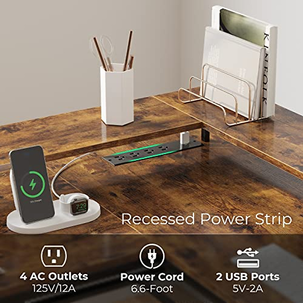 Huuger L Shaped Desk Computer Desk with LED Lights & Power Outlets, Gaming Desk with Storage Shelves, Corner Desk Home Office Desk, Rustic Brown