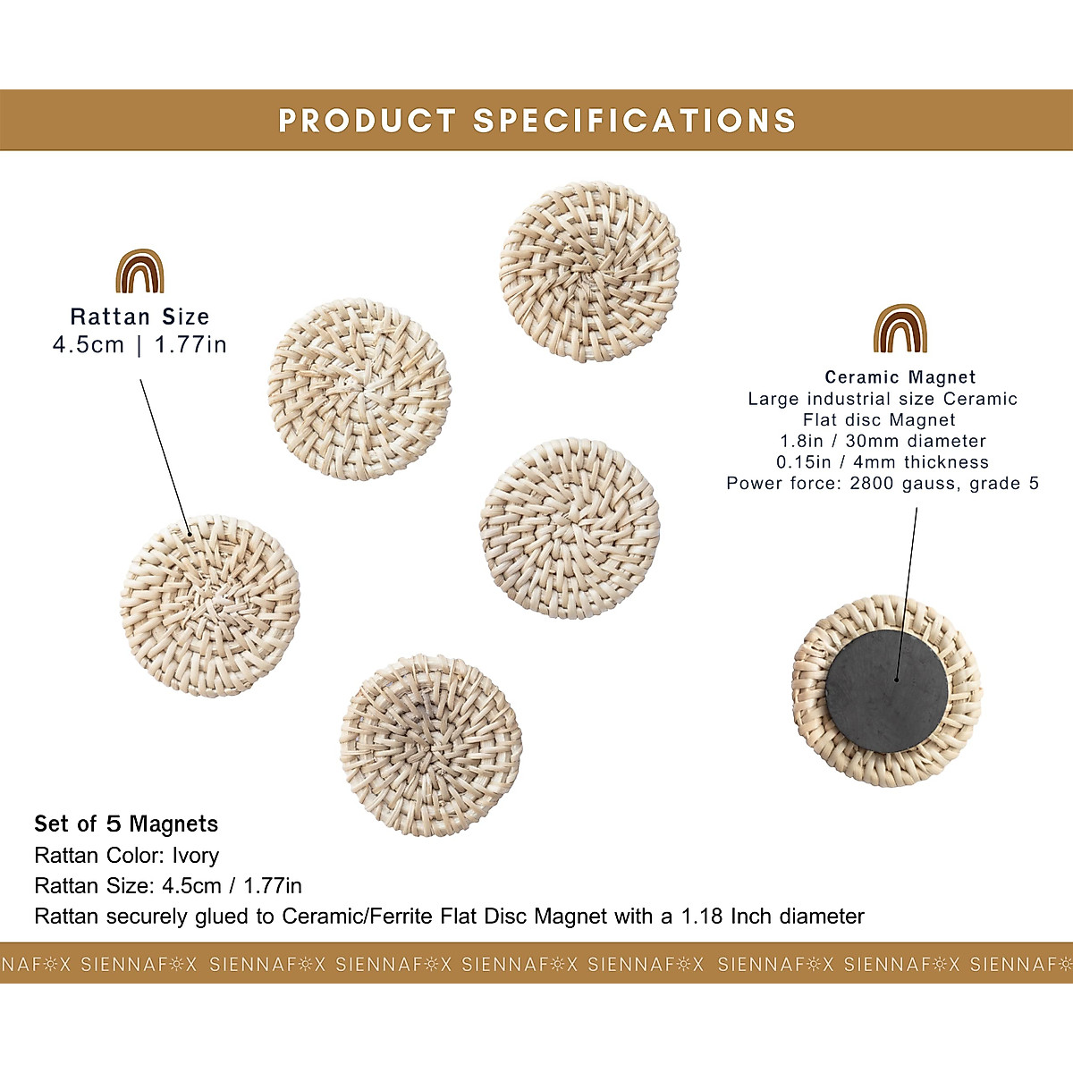SiennaFox Rattan Fridge Magnet Large Ceramic 1.18in Magnets Boho Home Decor Office Decoration whiteboard Decorative Kitchen Locker Magnetic Aesthetic (Ivory Set of 5)