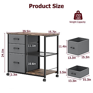 IDEALHOUSE Lateral File Cabinet with 3 Drawer, Mobile Filing Cabinet Rolling Printer Stand Fits A4 or Letter Size, Lateral Filing Cabinet with Wheels, Under Desk Storage Cabinet for Home Office, Grey