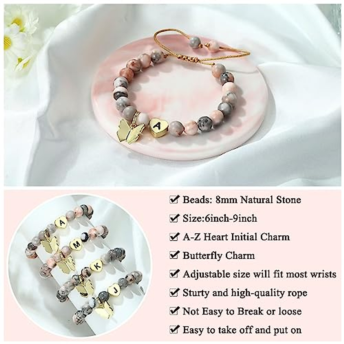 MONOZO Women Jewelry Gifts Initial Bracelet, Women Jewelry Heart Initial K Butterfly Natural Stone Bracelets for Women Jewelry Birthday Gifts Christmas Gifts for Women Friends Sister Butterfly Gifts