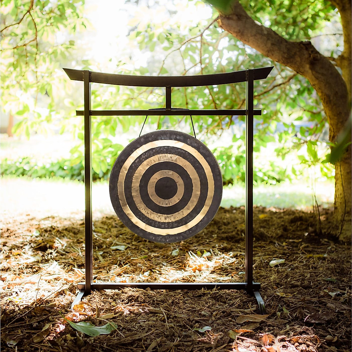 16" Gongs on Sacred Space Outdoor Stand - 16" Lunar Flare Gong. Includes Gong, Mallet, & Stand/Japanese Tori Gate Design/Traditional Chinese Bronze/For Meditation in Outdoor Spaces