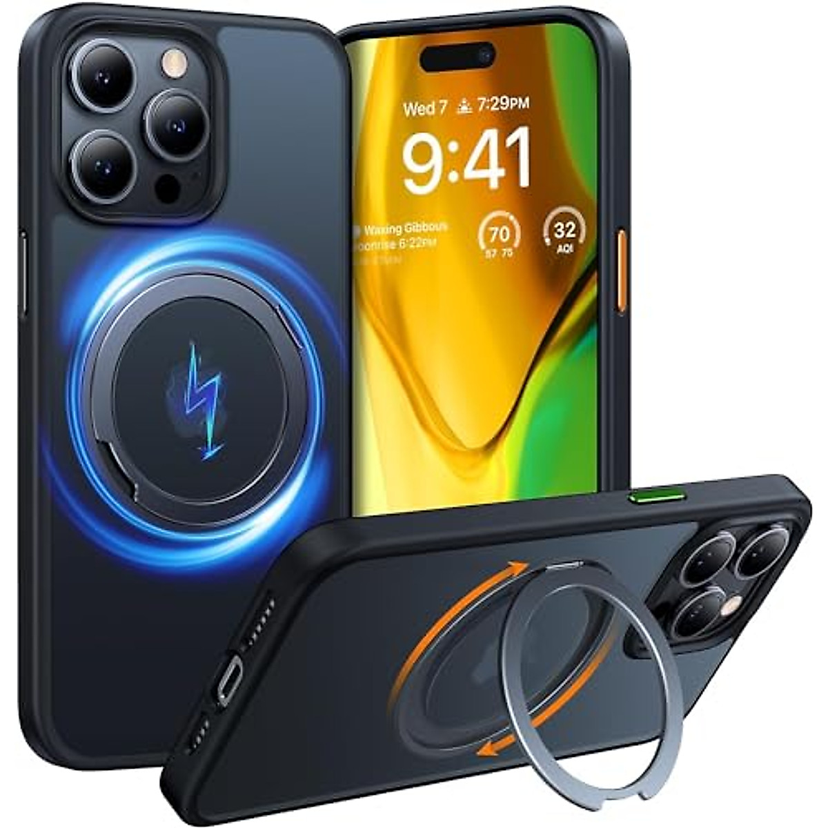 TORRAS 360° Rotatable Magnetic Ring for iPhone 14 Pro Case with Stand [Military-Grade Protection] [Compatatible with MagSafe] Slim Translucent Shockproof Phone Case iPhone 14 Pro, Matte Black