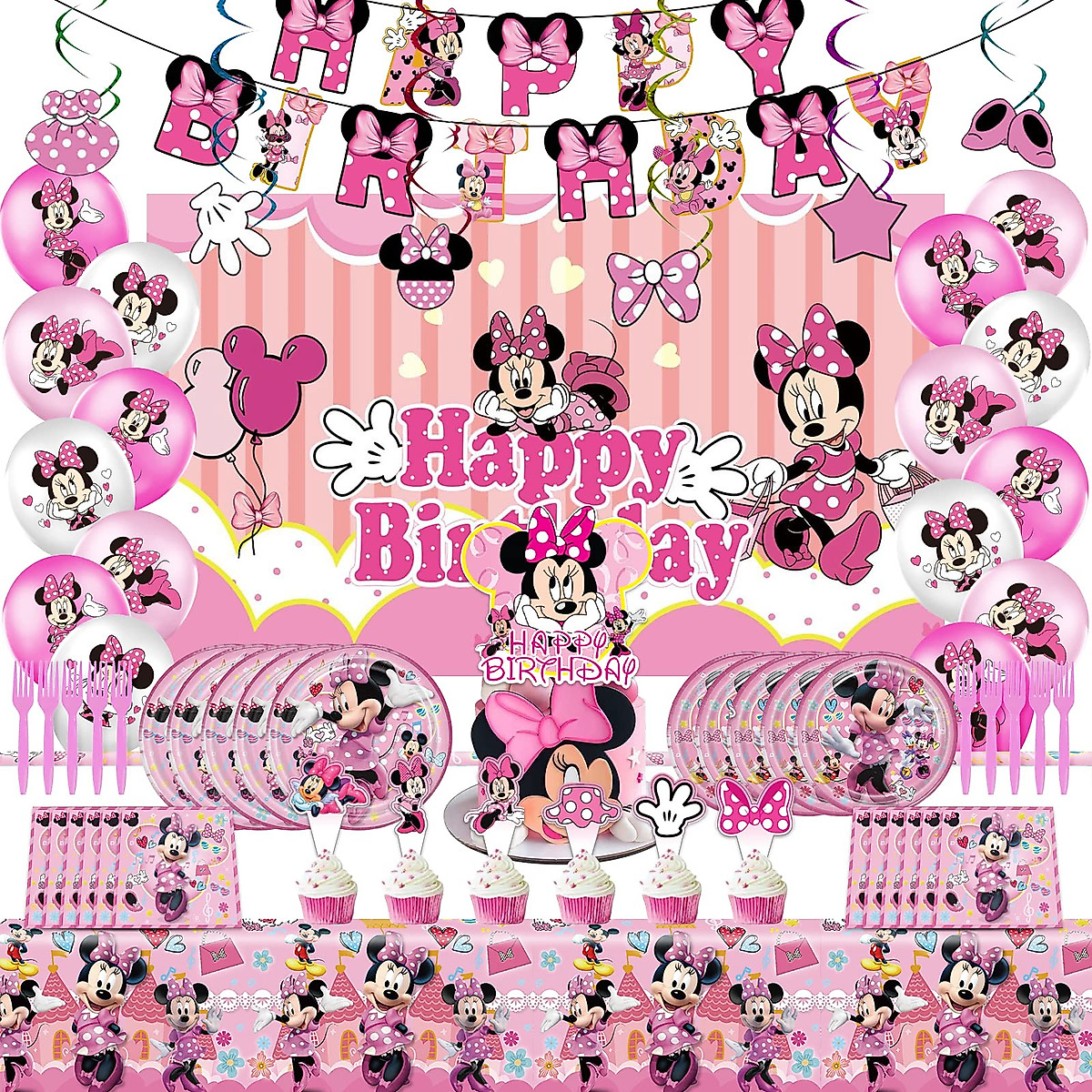 Minnie Birthday Party Supplies, Minnie Birthday Party Balloon Decorations Theme, Include Happy Birthday Banner, Hanging Swirl, Backdrop, Cake & Cupcake Topper, Tablecloth, Birthday Party For Kids