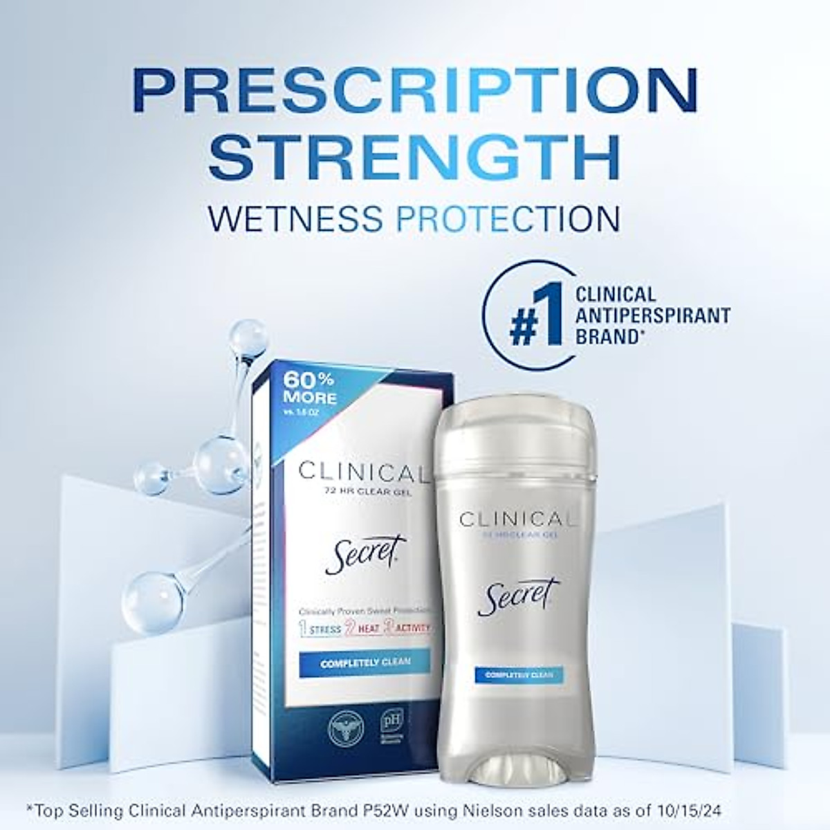 Secret Clinical Strength Antiperspirant Deodorant for Women, 3X Stress Protection, 72hr Sweat & Odor Protection, PH Balancing Minerals, Clear Gel, Completely Clean Scent, 2.6 oz