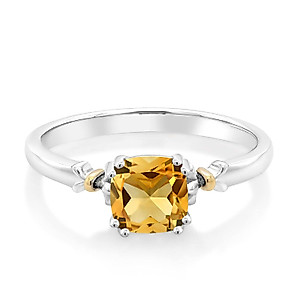 Gem Stone King 925 Sterling Silver and 10K Yellow Gold 6MM Cushion Cut Gemstone Birthstone Engagement Ring | Wedding Anniversary Promise Ring For Women | Available In Size 5, 6, 7, 8, 9