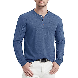MAGCOMSEN Summer Casual Shirts for Men Henley Shirts Long Sleeve Button Down Shirts Work Henley Shirts with Pocket Blue Grey,XL