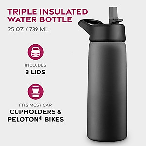 Triple-Insulated Stainless Steel Water Bottle with Straw Lid - Flip-Top Lid - Wide-Mouth Cap (25 Oz) Insulated Water Bottles, Keeps Hot and Cold - Sports Canteen Water Bottle Great for Hiking & Biking