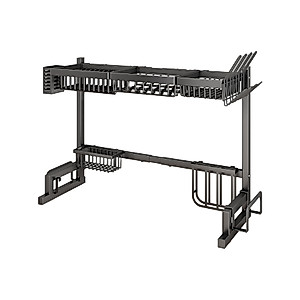 Dish Drying Rack, Over The Sink Dish Drying Rack Length Adjustable (From 33.8" to 41.5"), 2 Tier Large Dish Rack with Cup Holder Utensil Holder Caddy, Kitchen Counter Dish Drainer Organizer, Black