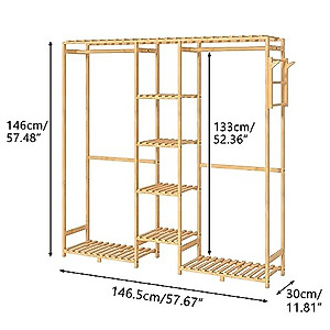 UDEAR Garment Rack Bamboo Clothes Rack for Hanging Clothes,Clothing Racks Storage Organizer with 2 Rods,5 Shelves and 2 Hooks,Multi-Functional Wardrobe Closet