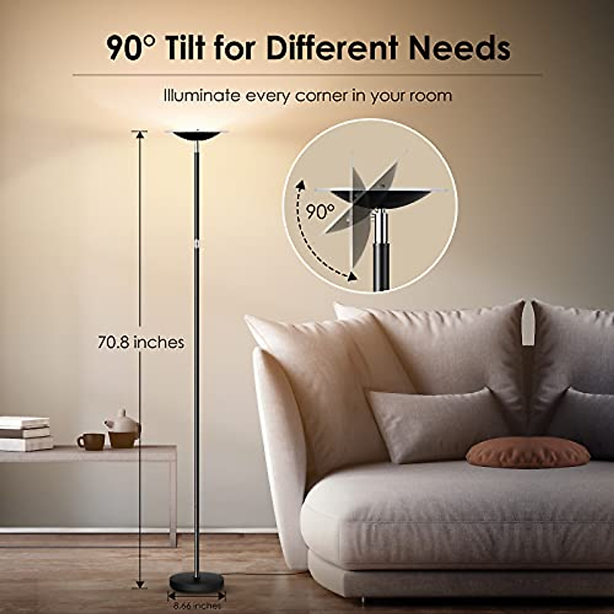 Dimmable Floor Lamps for Living Room, 71" Torchiere Floor Lamp with Touch Control, 20W LED Bright Tall Pole Lamp, 3000K Daylight, Modern Standing Lamp for Bedroom/Office/Den, Sky Stand up Lamp Black