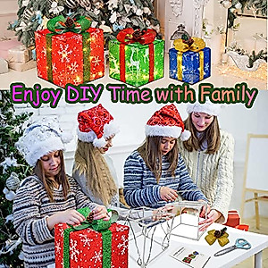 AMZXMAS 3 PCS Outdoor Indoor Christmas Decorations Christmas Lighted Gift Boxes Décor,Pre-lit 65 LED Lights Up Christmas Tree Skirt Ornament with Bows, for Holiday Party Christmas Home Yard (A1)