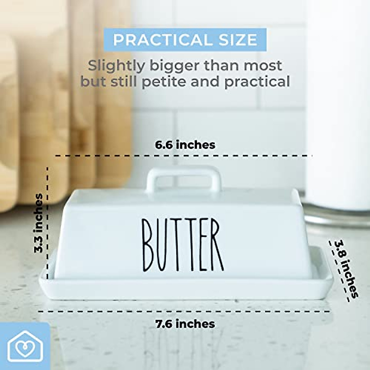 Heartland Home Porcelain Covered Butter Dish with Lid for Countertop (Lid with Handle). 7.6" x 3.8" Butter Holder Container for One Stick of Butter. Textured Tray Butter Keeper for Non Slip Storage