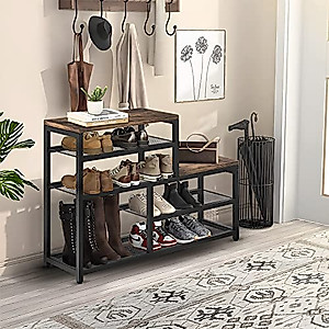 Shoe Rack Bench Shoe Storage Organizer with Seat, 5-Tier Industrial Free Standing Shoe Rack for Entryway, Narrow Shoe Rack Organizer Shelves for High Heels, Entryways, Hallways, Closets,Brown