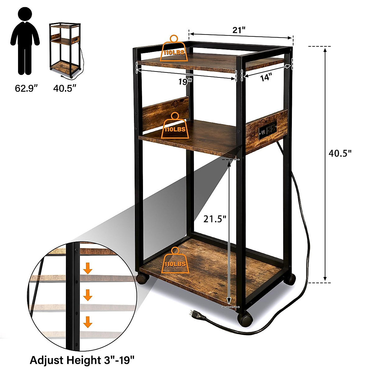 TC-HOMENY 3-Tier Movable Printer Stand with Storage Rolling Floor-Standing Deskside Shredder Computer Host Stand Adjustable Storage Shelf Rack on Wheels Multipurpose Stand for Printer
