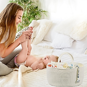 Large Baby Diaper Caddy Organizer for Girl Boy Rope Nursery Storage Bin Basket Portable Holder Tote Bag for Changing Table Car Travel Baby Shower Gifts Newborn Essentials Registry Must Haves White