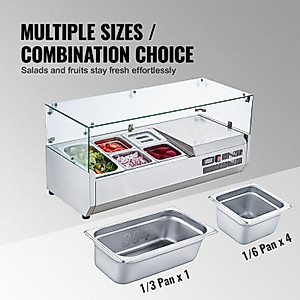 VEVOR, 130 W Countertop Refrigerated Condiment Station, with 1 1/3 4 1/6 Pans, 304 Stainless Body and PC Lid, Sandwich Prep Table Guard, ETL, Glass 40in, Silver