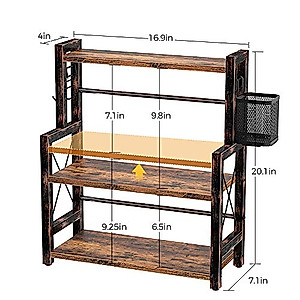 Rolanstar Spice Rack Organizer with Wire Basket, 3-Tier Kitchen Shelf, Wooden Spice Organizer with 2 Hooks, Countertop Bathroom Storage Shelf, Seasoning Rack Rustic, Brown