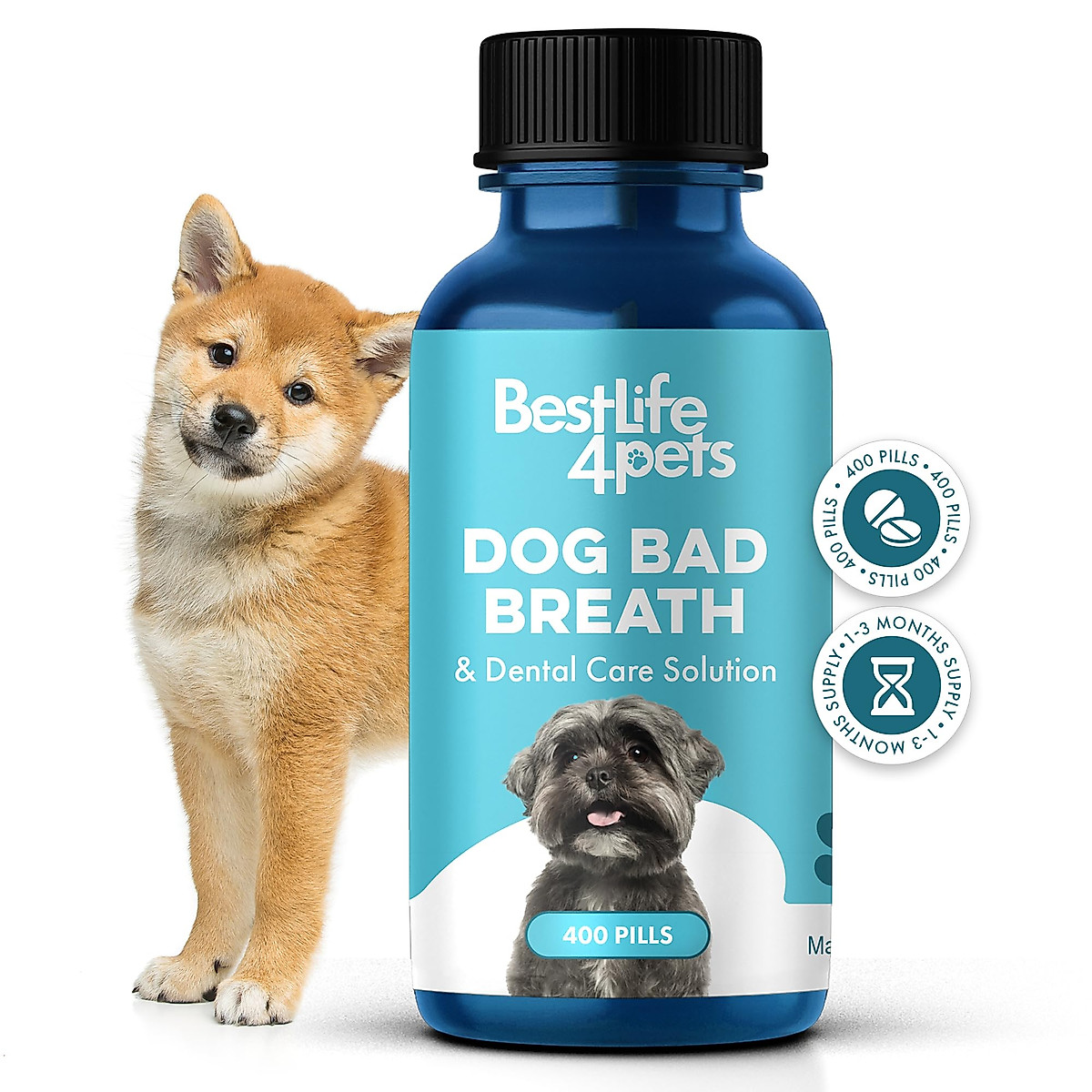 Dog Bad Breath Treatment & Dog Dental Care Solution - Natural Supplement for Canine Oral Health - Dog Tooth Pain Relief, Plaque Control, Gum Disease, Gingivitis - 400 Odorless, Tasteless Pills