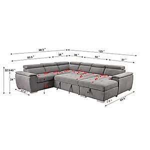 Eafurn 125'' U-Shaped Sectional Sleeper Right Storage Chaise Lounge and Pull Out Bed, 7-Seater Tufted Seat Oversized Sofa & Couches with Adjustable Headrest for Living Room, Light Gray