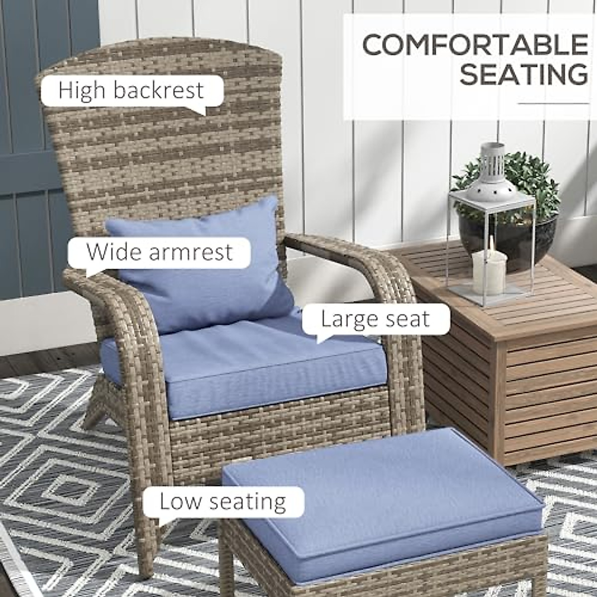Outsunny Patio Wicker Adirondack Chair with Ottoman, Outdoor Fire Pit Chair with Cushions, High-Back, Large Seat & Armrests for Deck, Garden & Backyard, Gray