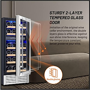 BODEGA 15 Inch Wine Cooler Under Counter, 28 Bottle Dual Zone Wine Fridge, with Double-Layer Glass Door, Temperature Memory and Digital Temperature Control, Built-in or Freestanding
