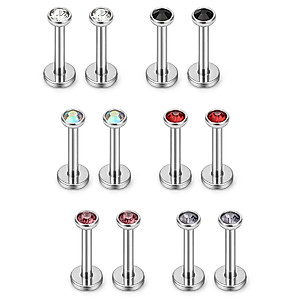 Ruifan 2-4mm Mix Color Round CZ Gem Internally Threaded Labret Monroe Lip Ring Tragus Nail Helix Earring Stud Barbell Piercing Jewelry Bar 6-10mm 16G 12PCS
