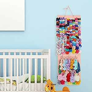 HUHYNN Bow Holder for Girls Hair Bows with Heart-Shape Hangers, Baby Girls Headband Organizer, Wall Hanging Headband and Hair Bow Holder Organizer (Pink)