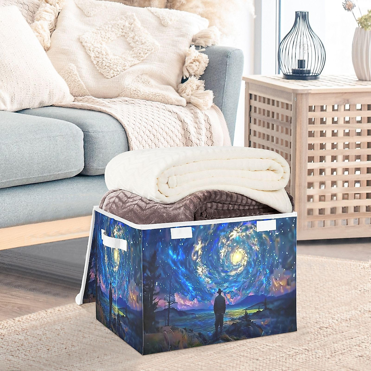 Romantic Spiral Starry Night Fabric Storage Bin with Lid Storage Bins for Shelves