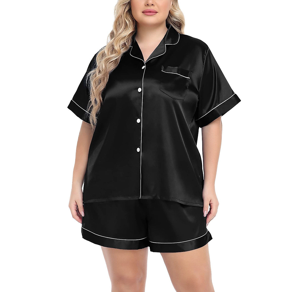 SWOMOG Women's Plus Size Pajama Set Silk Satin Pajamas Button Down Loungewear Short Sleeve Pjs 2 piece Sleepwear 16-28W Black