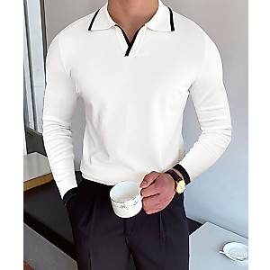 Mens Polo Sweater Long Sleeve Knitted Slim Fit Pullover V-Neck Casual Striped Knitwear Tops