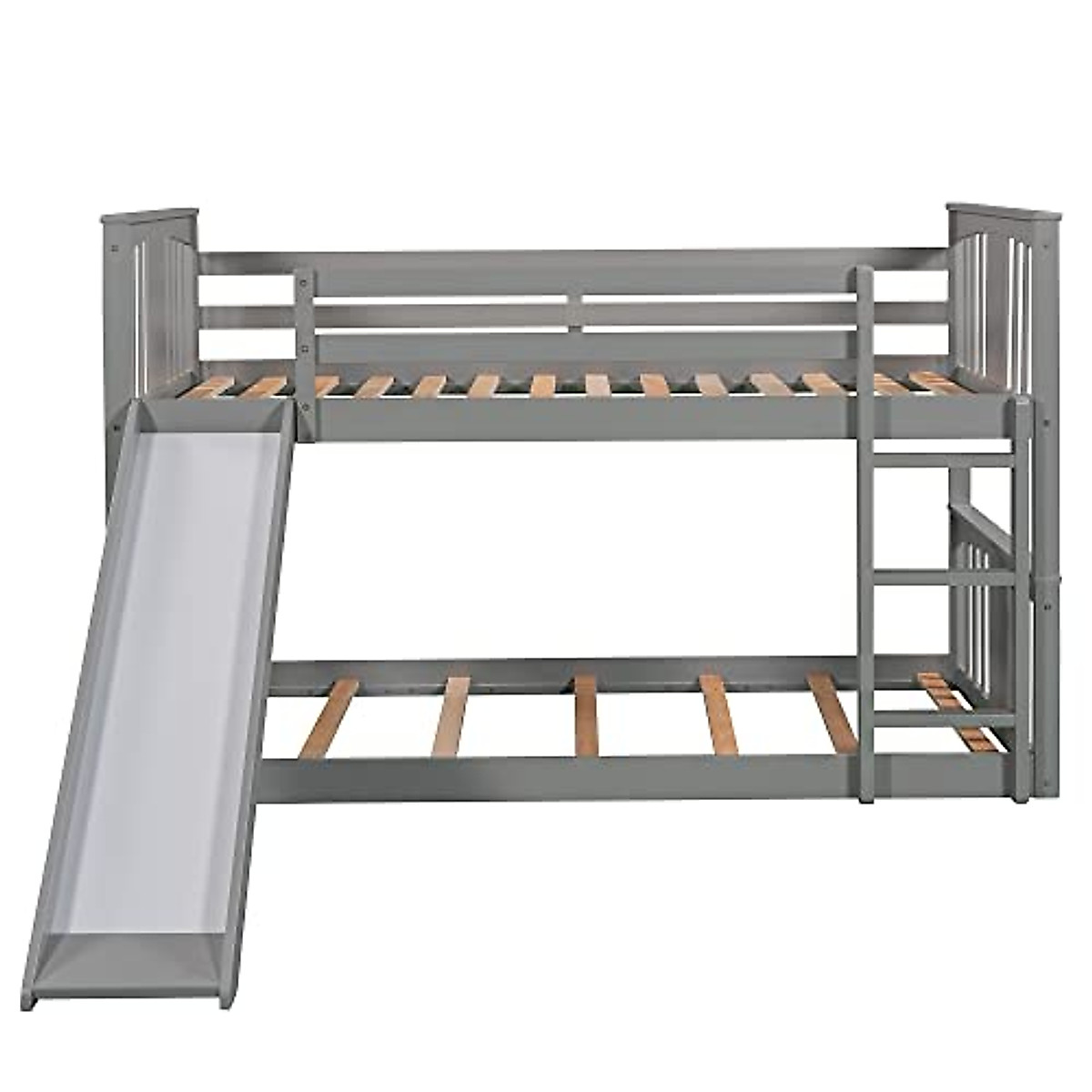 Tidyard Twin Over Twin Bunk Bed with Slide and Ladder, Wood Bed Frame Gray for Bedroom Dorm Guest Room Home Furniture