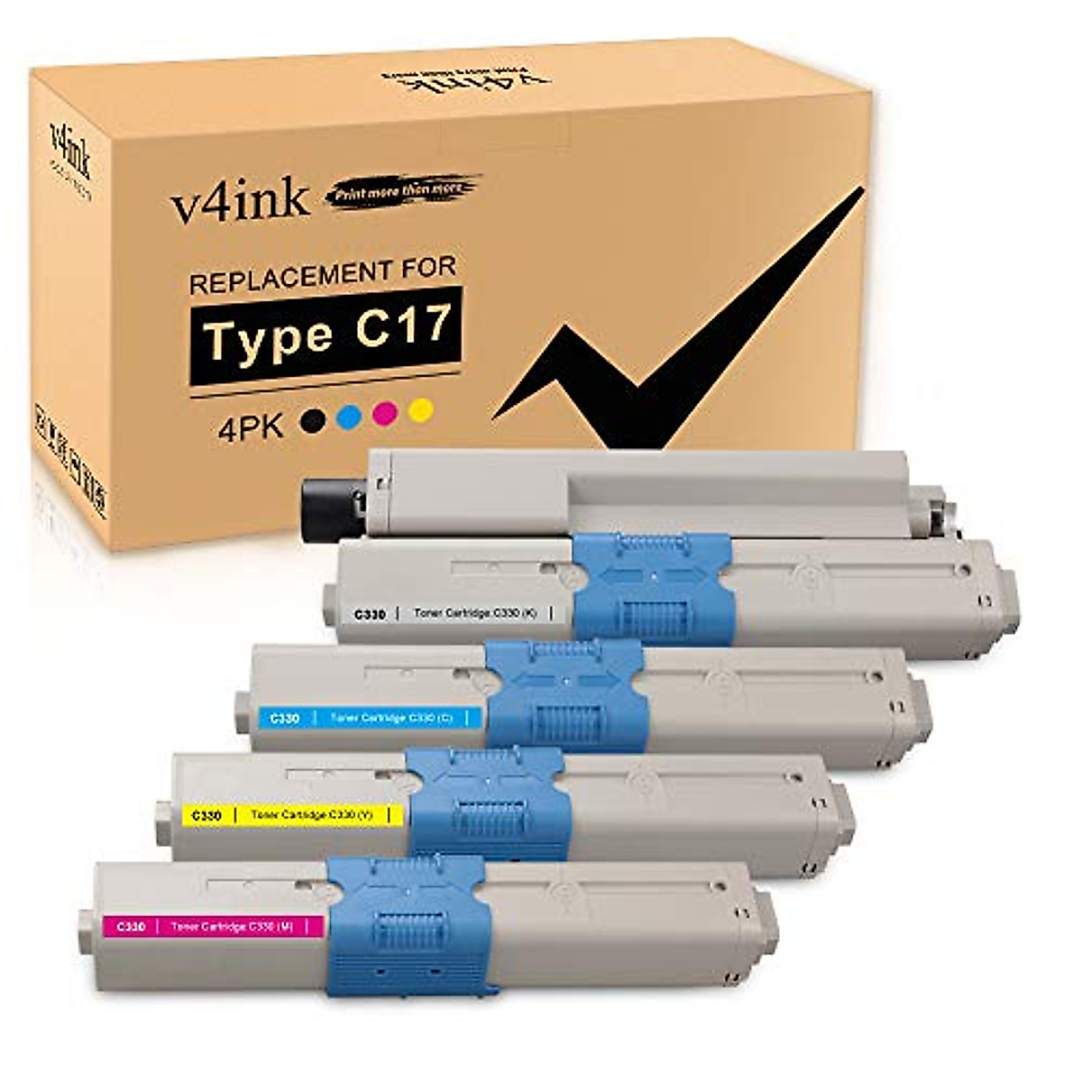 V4INK Compatible Toner Cartridge Replacement for Oki Type C17 C330 (KCMY,4-Pack),for use in OKI C310dn C330dn C510dn C530dn MC362w MC562w Series Printers