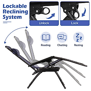 Zero Gravity Chairs Set of 2 Adjustable Folding Reclining Lounge Chairs Outdoor Beach Chair with Pillow and Cup Holder, Patio Lawn Chair Pool Chairs for Outdoor Pool Side Camping Yard Beach (2, Blue)