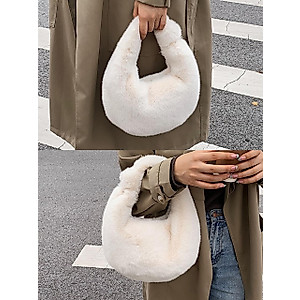White Soft Knotted Bag Fuzzy Dumpling Bag, Cute Fluffy Bags Y2k, Cute Mini Handbags, Faux Fur Hobo Bag with Zipper