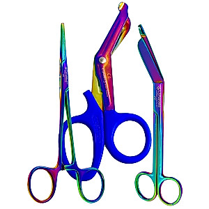 NURSES DOCTOR LISTER BANDAGE SCISSORS 5.5" + HEMOSTAT FORCEPS 5.5" + EMT PARAMEDIC SHEARS 7.25" MULTI TITANIUM COLOR RAINBOW COLOR STAINLESS STEEL -PREMIUM QUALITY GUARANTEE MONEY BACK (CYNAMED