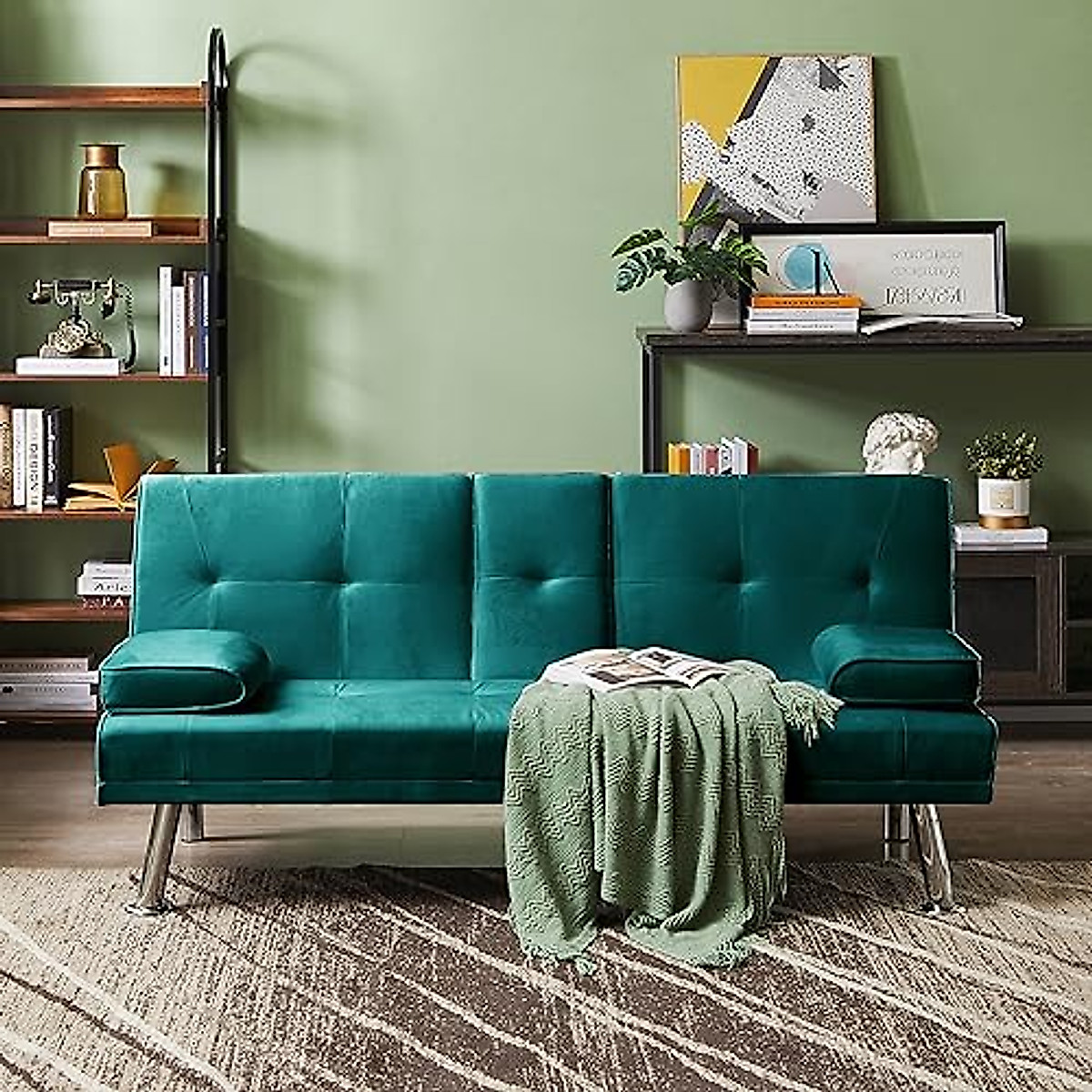 Eafurn Modular Sectional Sets Convertible Sofa Bed, Adjustable Modern Futon Couch-Breathable Fabric Folding Lounge Loveseat Reversible Daybed Easy to Clean-Ideal for Bedroom, 68", Green Velvet