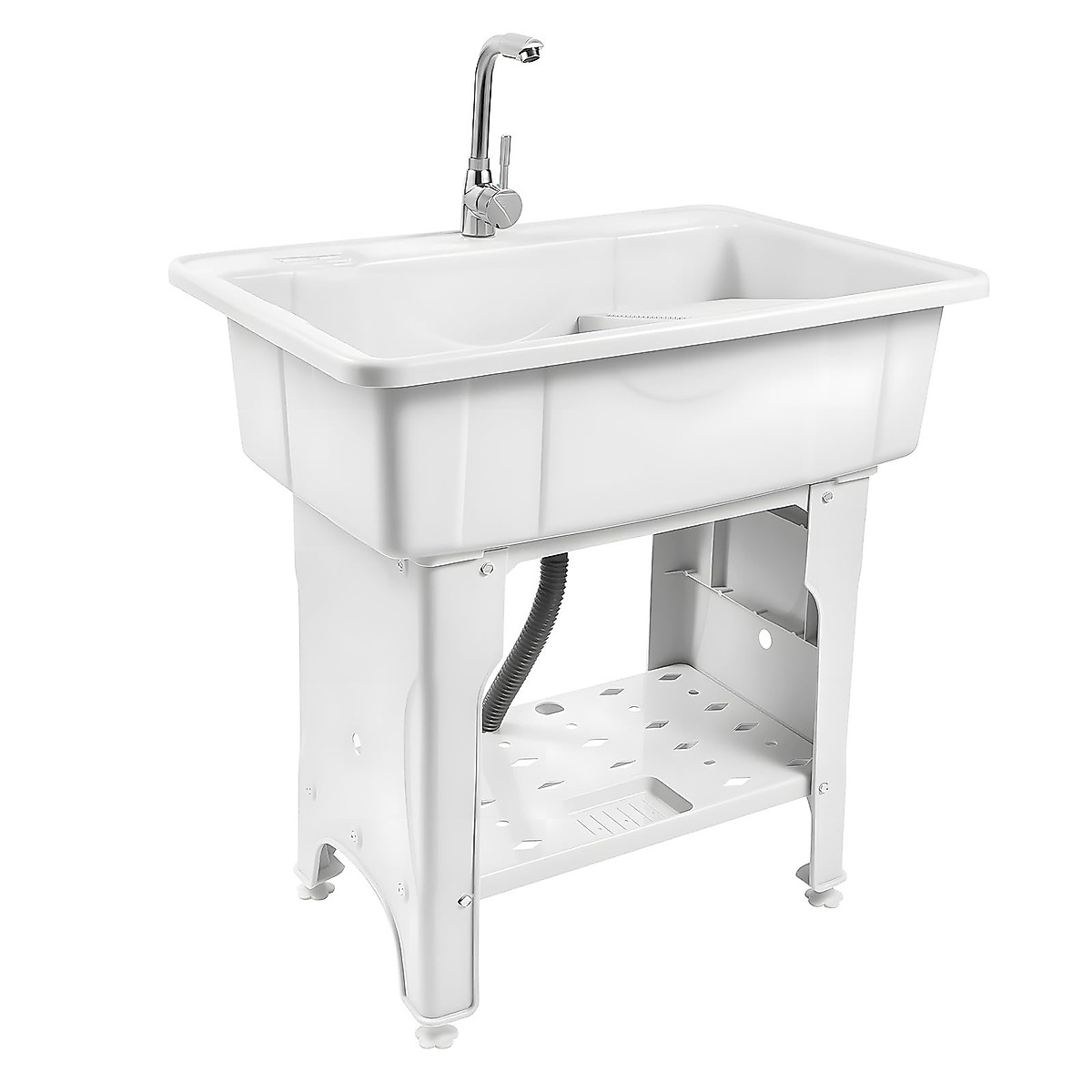 Freestanding Plastic Laundry Sink with Washboard, Indoor and Outdoor Utility Sink with Cold and Hot Water Faucet, Hoses and Drain Kit,Fashionable Sink for Laundry Room, Garage, Basement (Large)