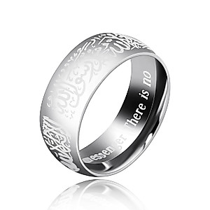 Uloveido 8mm Stainless Steel Band Islamic Muslim Muhammad Shahada Arabic God Mantra Ring In Arabic and English (Platinum Plated, size 9)
