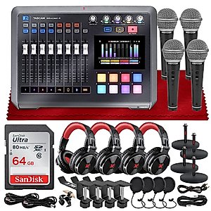 Tascam Mixcast 4 S Podcast Studio Mixer Station with Built-in Recorder/USB Audio Interface, 8 Sound-effect, Records 14 Tracks, comes w/ Deluxe 4S Accessories Bundle