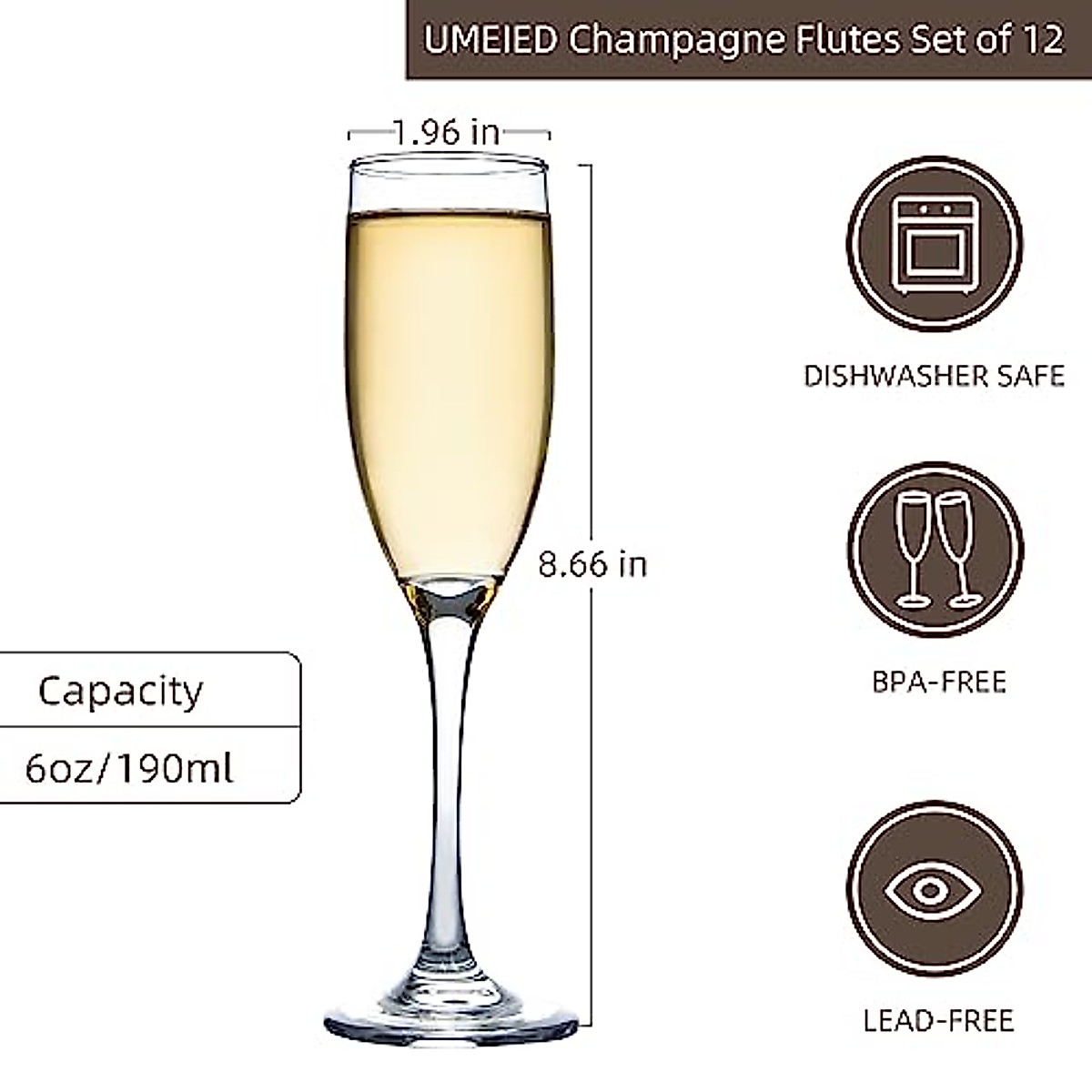 UMEIED Classic Champagne Flutes Set of 12, 6 Oz Elegant Stemmed Crystal Clear Champagne Glasses Sparkling Wine Glass for Wedding Anniversary Birthday Christmas