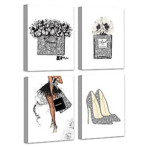 Glam Gray Fashion Wall Decor - Woman Makeup Framed Wall Art - Silver Girly Room Decor - Beauty Room Decor Pictures Arts for Office Bedroom Bathroom Wall Decor - Perfume Handbags High Heels Lipstick Wall Paintings Set of 4, 8x10 in (Framed)