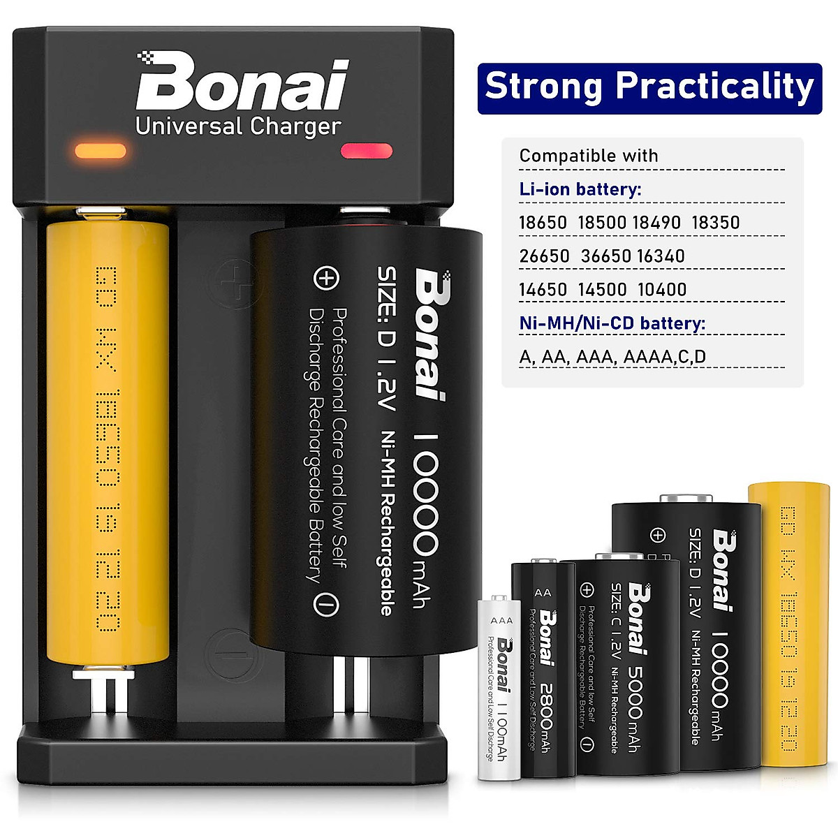 BONAI Battery Charger for 1.2V Ni-MH Ni-Cd AA AAA C D Rechargeable Batteries, All Types of 3.7V Lithium Batteries - 2 Slots USB Charger