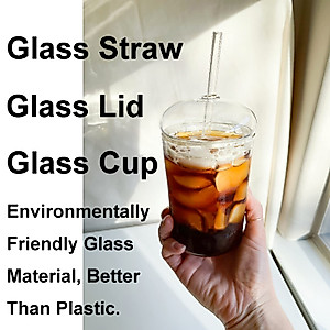 AETVRNI Iced Coffee Cup Glass Tumbler with Glass Straw And Glass Lid Wide Mouth Reusable Smoothie Cup with Straw Glass Water Bottle with Lid 16Oz Glass Drinking Bottle,Clear