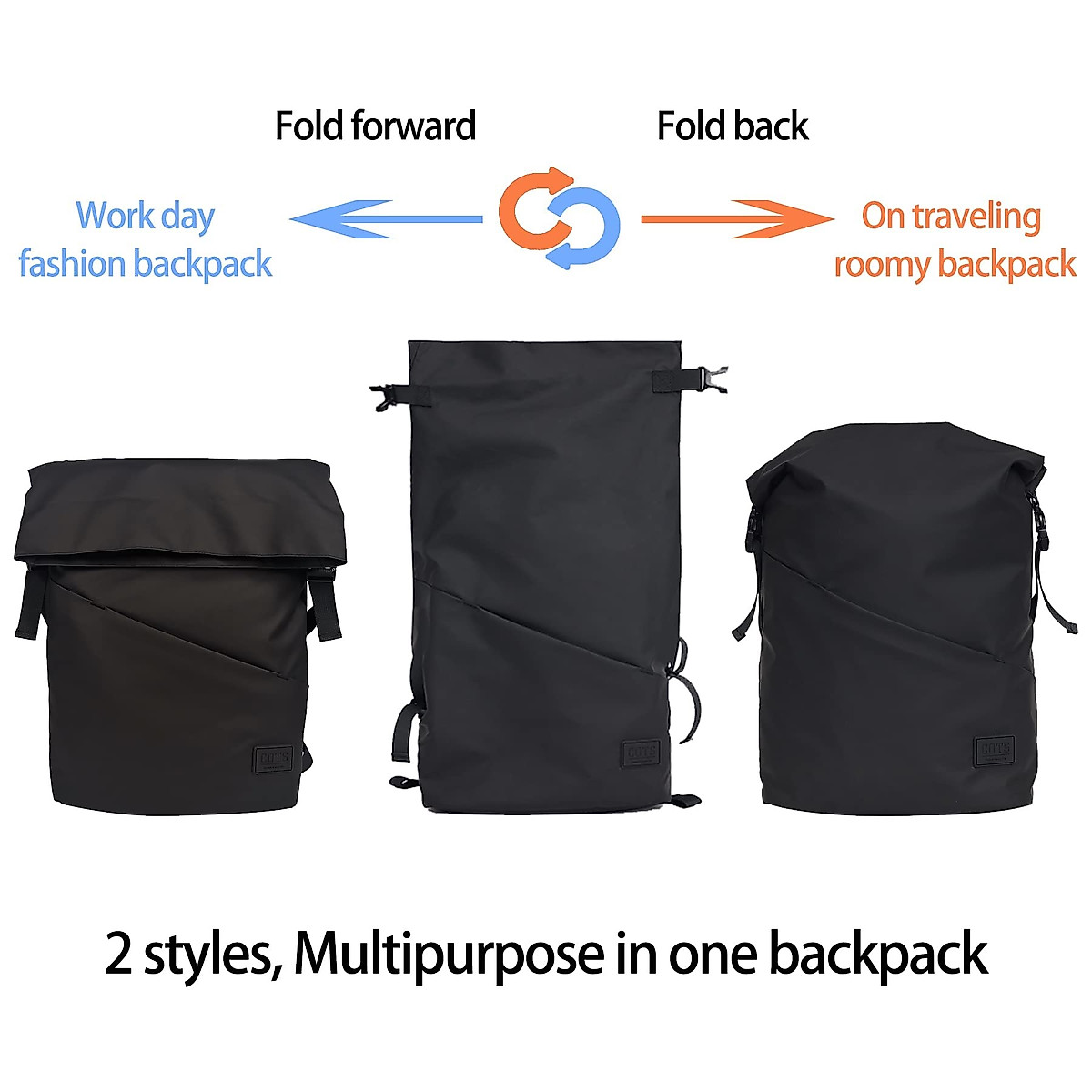 COTS Travel Laptop Backpack, Business Backpack for Men & Women Water Resistant Roll Top College School Casual Daypack Fit 15.6" Notebook (Black)