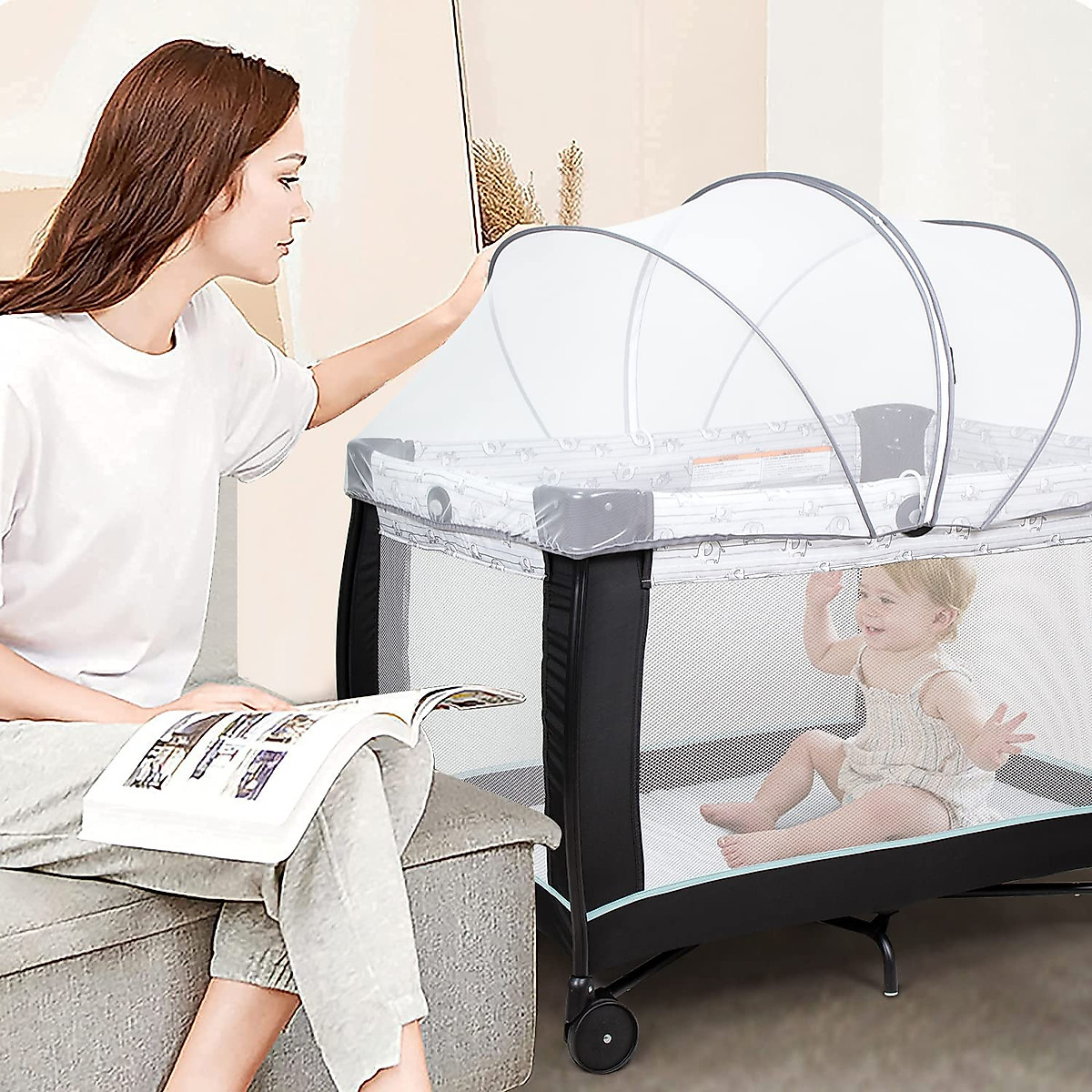 Beberoad Love Pack N Play Tent Cover Playpen Mosquito Net Cover with 2-Way Zipper for Travel Crib/Playard (White)
