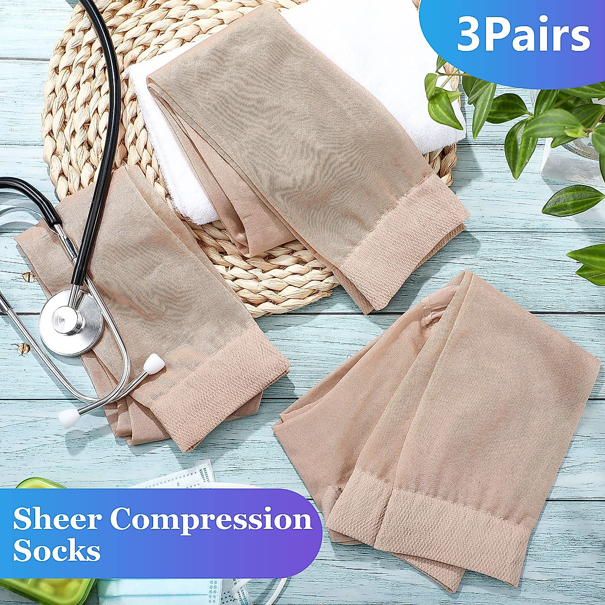 3 Pairs Sheer Compression Socks 20-30 mmHg Sheer Compression Stockings Graduated Compression Socks 20-30 mmHg Knee High Compression Socks for Women Swelling Edema (Nude, X-Large)
